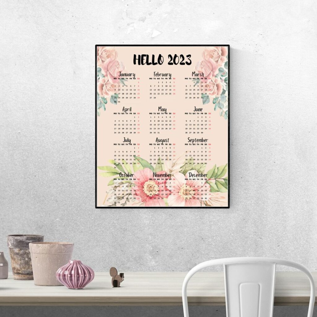 2023 Pink Floral Wall Calendar - MasterBundles