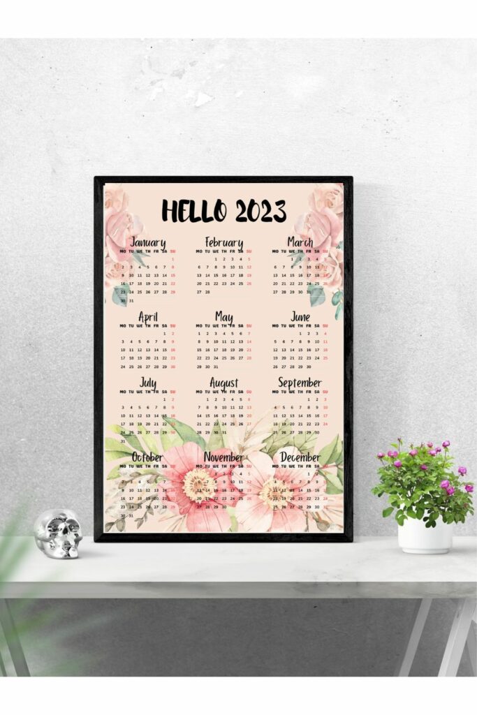2023 Pink Floral Wall Calendar - MasterBundles