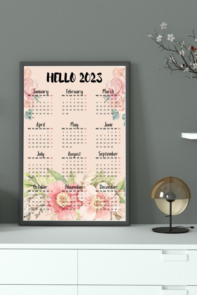2023 Pink Floral Wall Calendar - MasterBundles