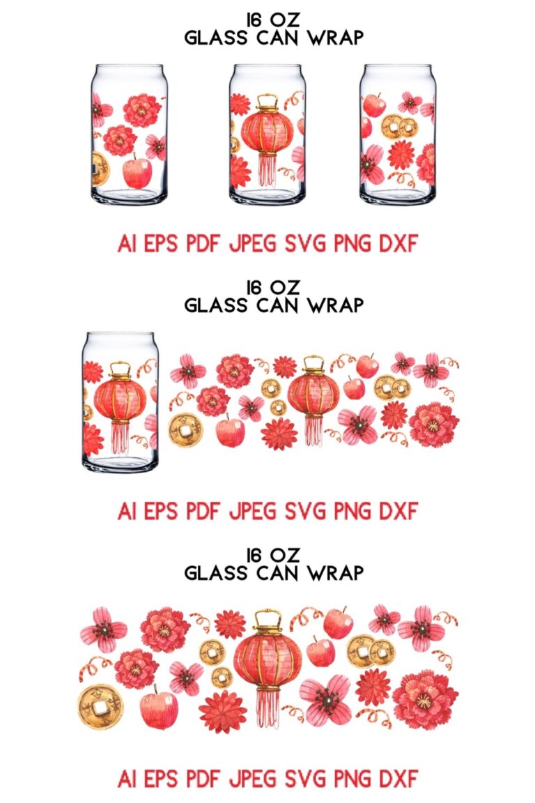 16 oz Glass Can Wrap Asian Chinese New Year SVG Holiday pattern Tumbler ...