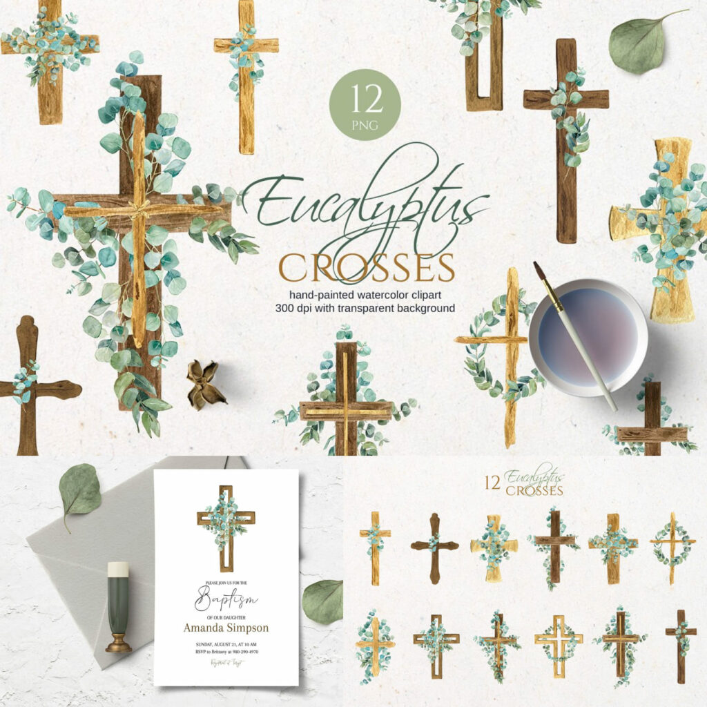 Eucalyptus Wooden Watercolor Cross – MasterBundles