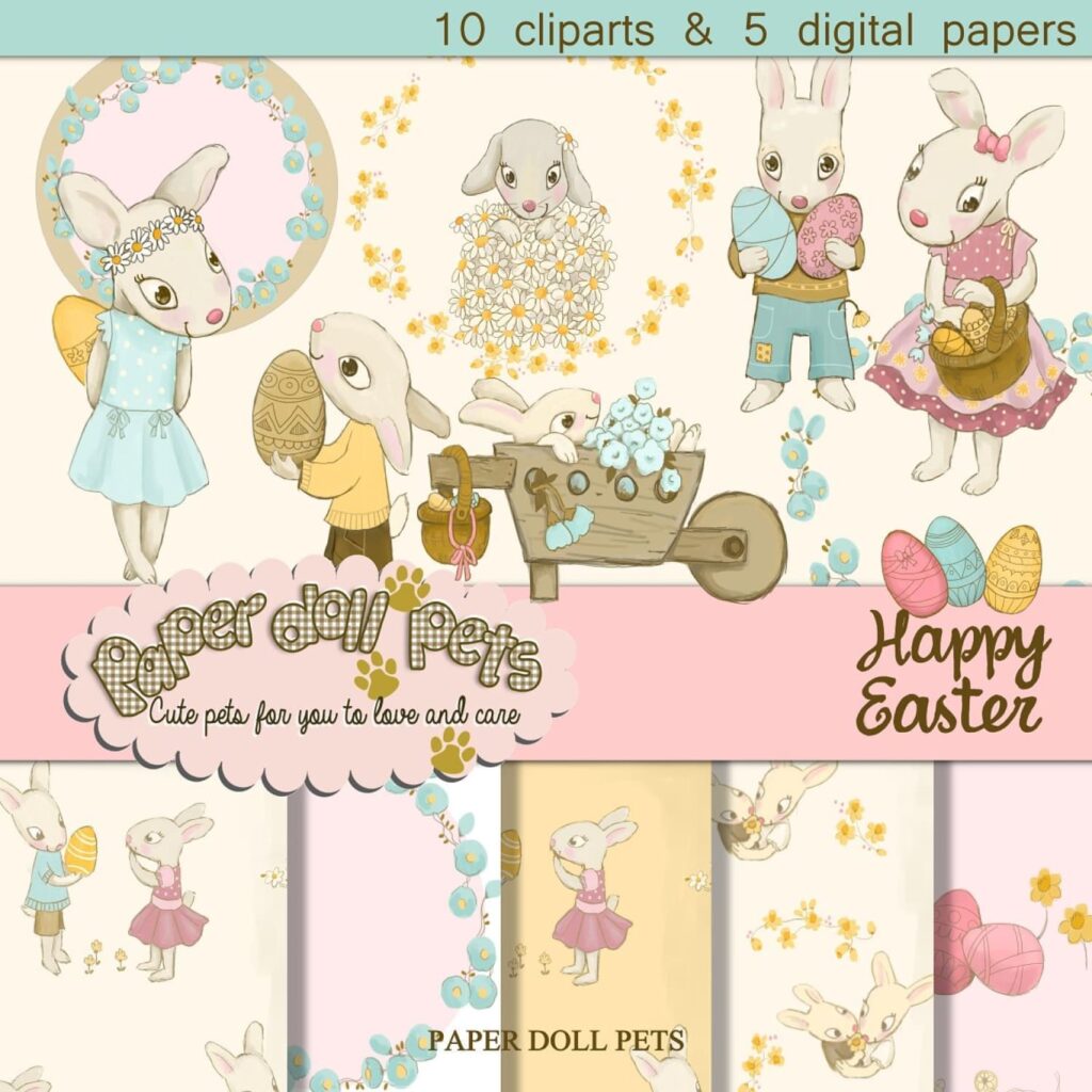 Bunny Florals Watercolor Clipart | Master Bundles
