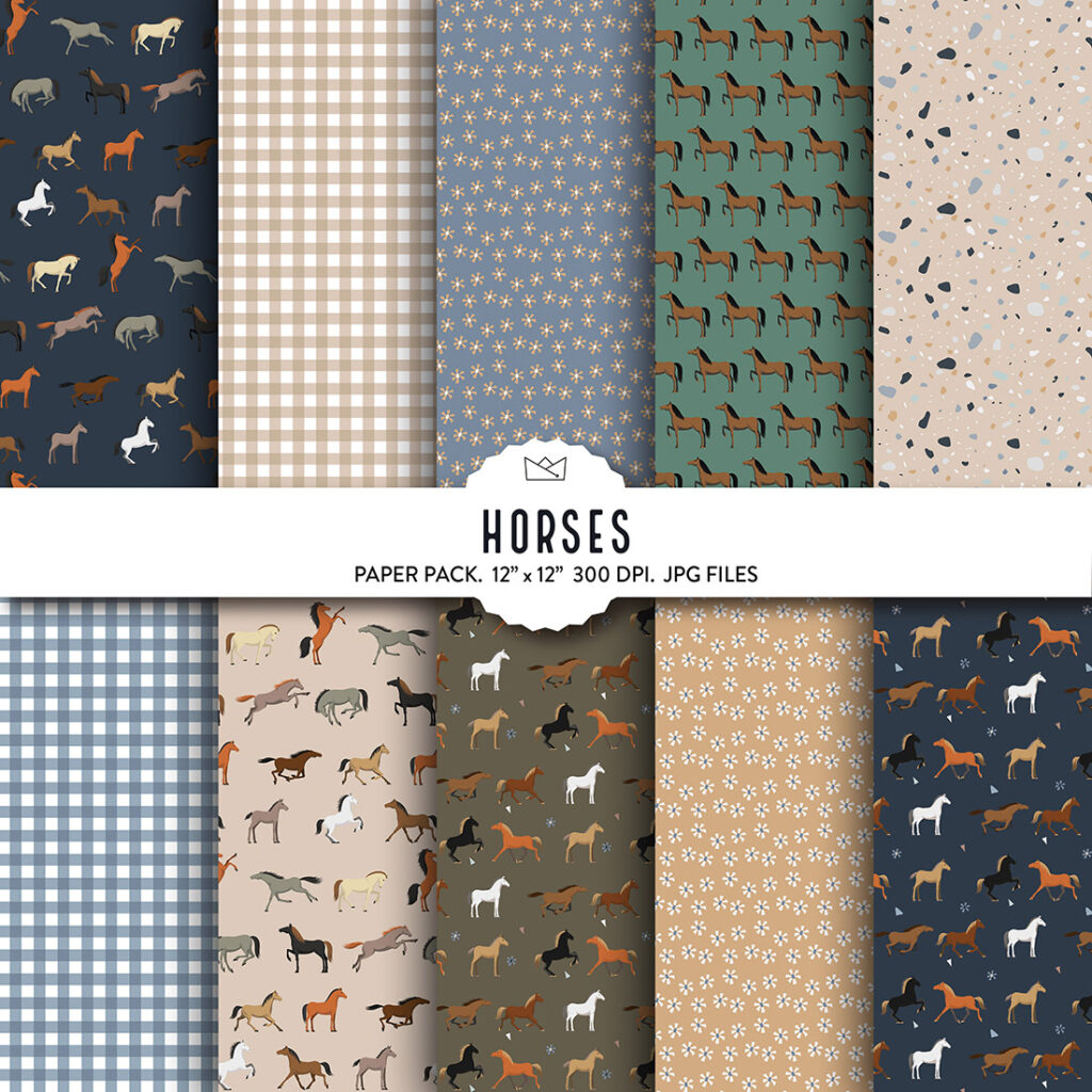 Horse digital paper, animal wrapping paper, horse pattern, digital ...