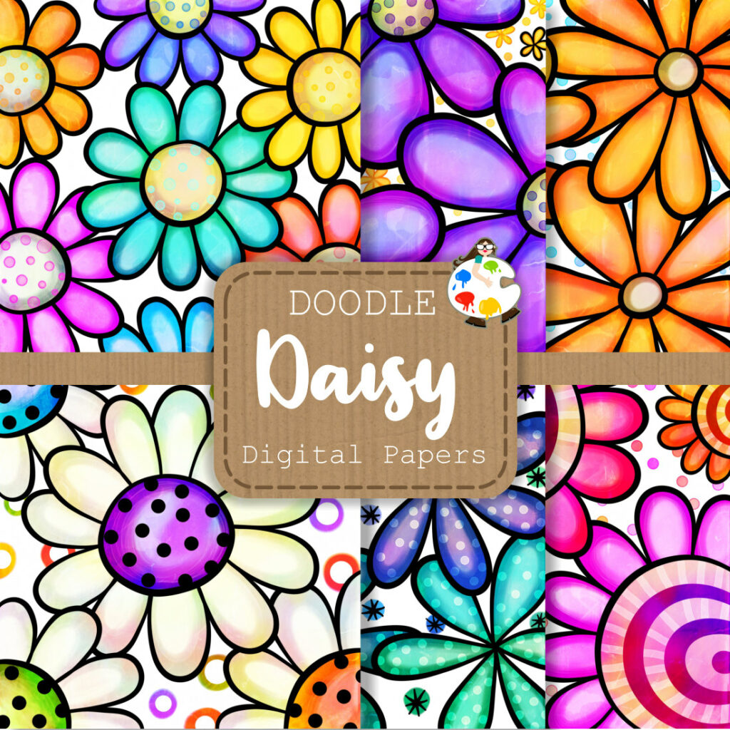 Watercolor Ink Big Doodle Daisy Flower Pattern Papers - MasterBundles