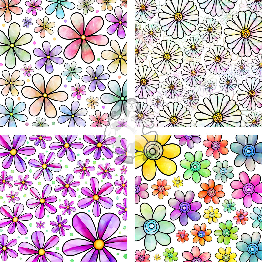 Watercolor Ink Doodle Daisy Flower Pattern Papers - MasterBundles