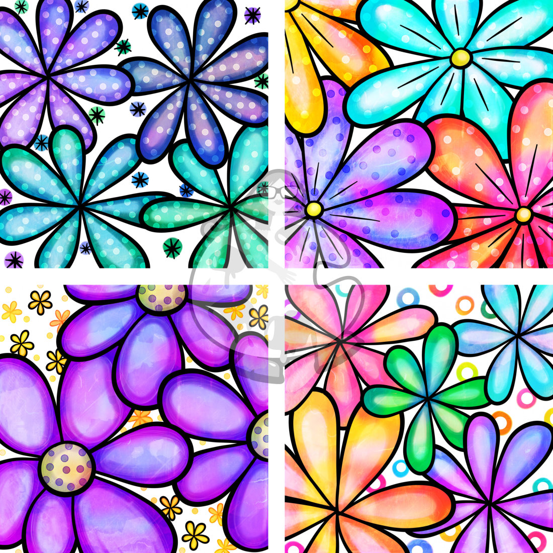 Watercolor Ink Big Doodle Daisy Flower Pattern Papers - MasterBundles