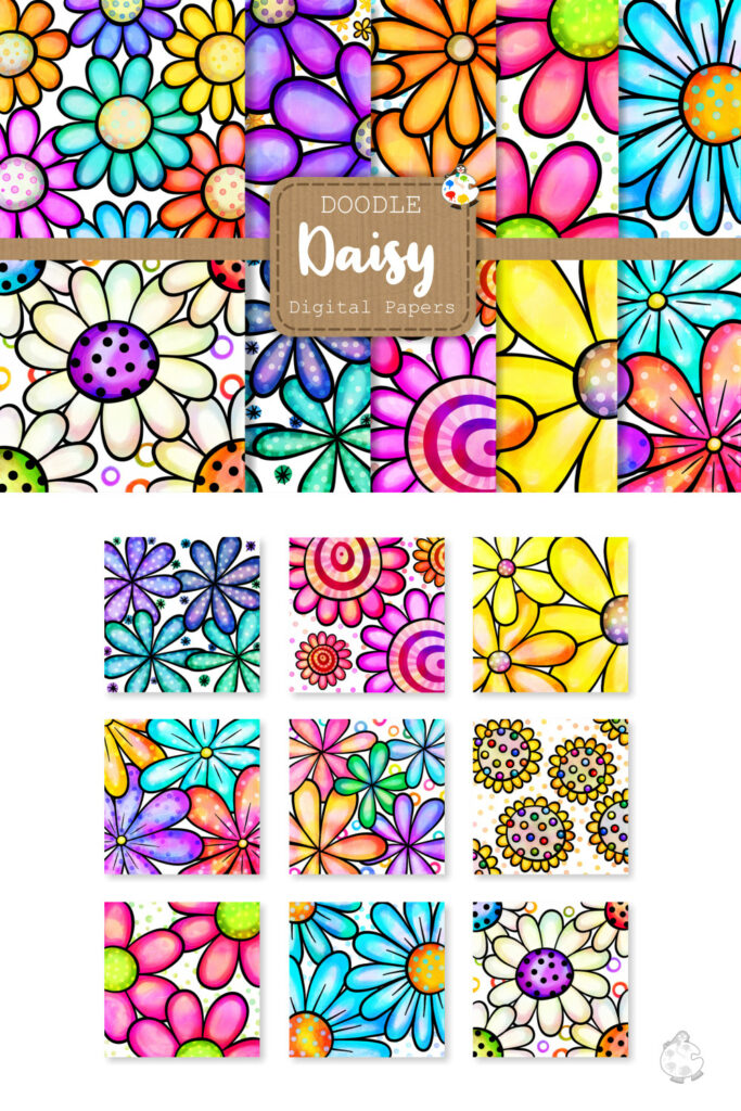 Watercolor Ink Big Doodle Daisy Flower Pattern Papers - MasterBundles