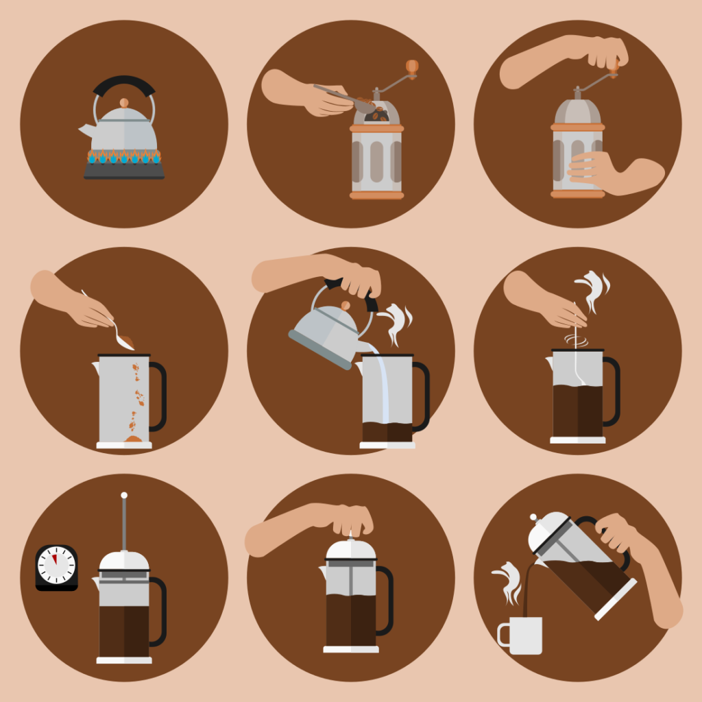 French Press Coffee Instruction Icons - MasterBundles