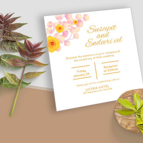 Yellow Floral and Watercolor Leaf Wedding Card - MasterBundles