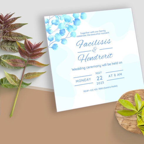 Watercolor Blue Floral Wedding Card Design | MasterBundles