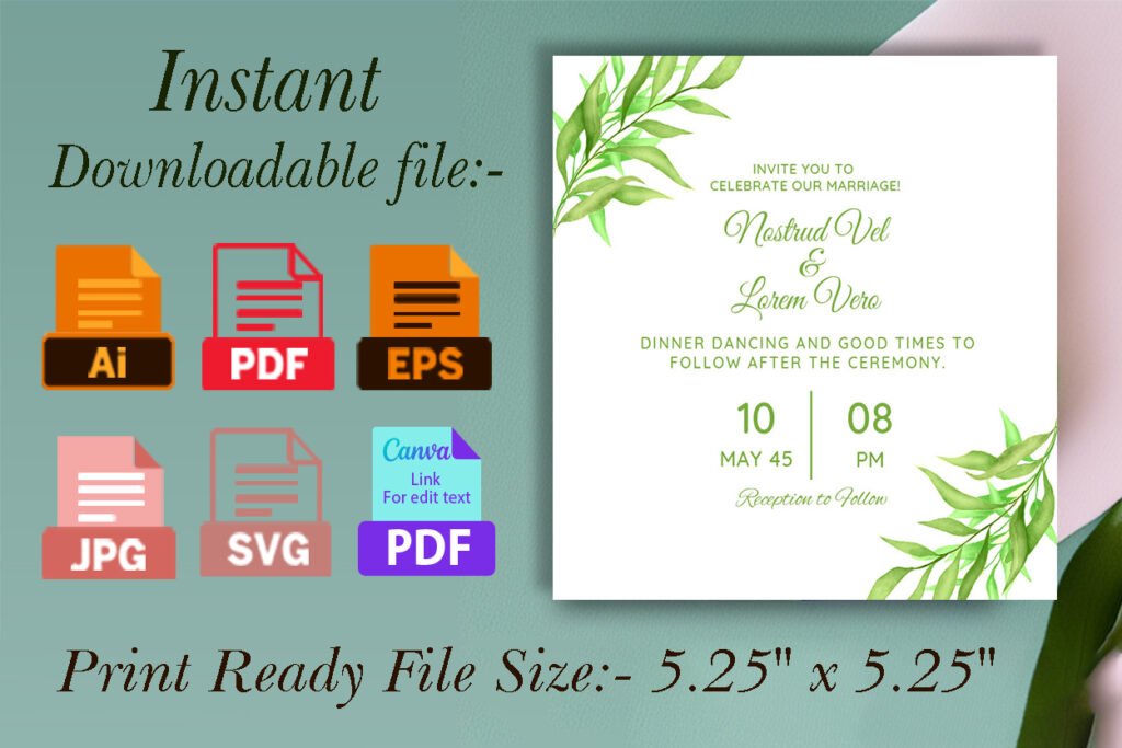 Wedding Invitation Card with Floral Leaf - MasterBundles