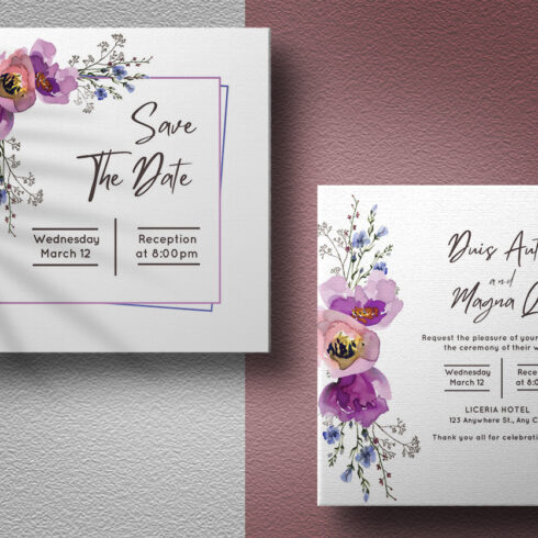 Wedding Card Template with Purple Floral - MasterBundles