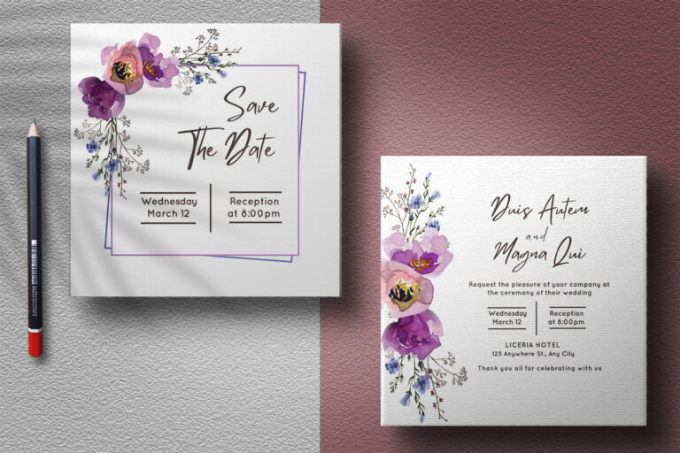 Wedding Card Template with Purple Floral - MasterBundles