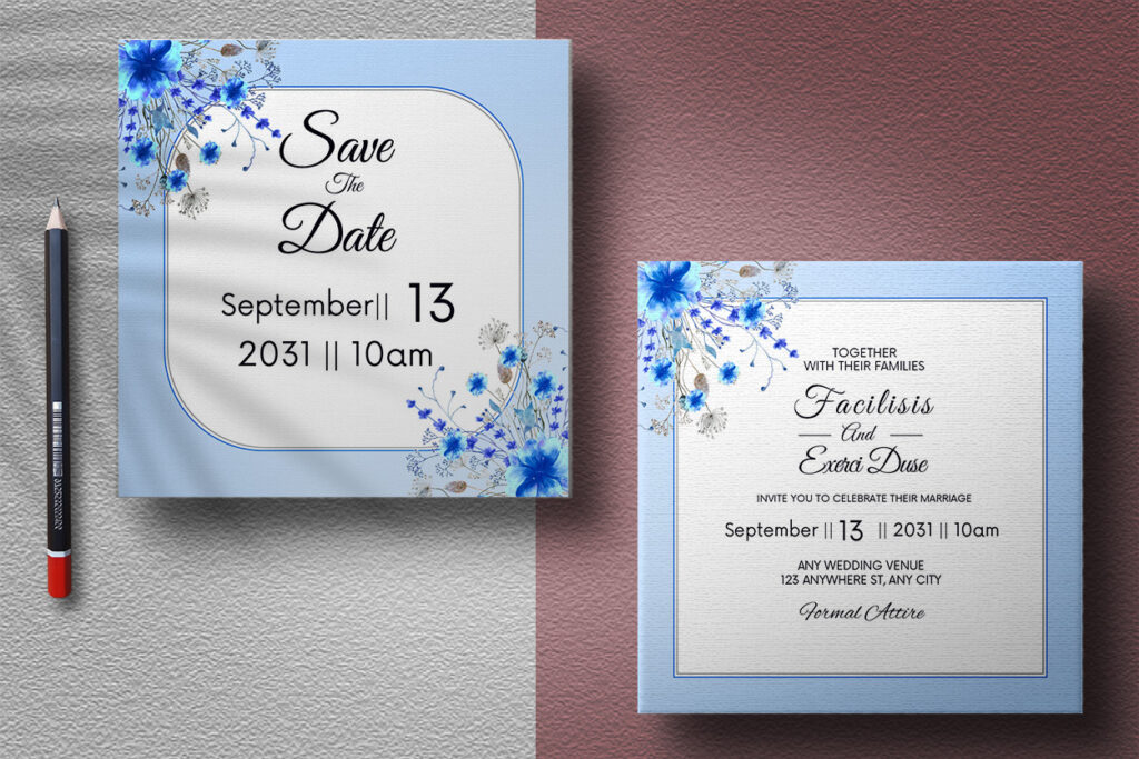 Blue Floral Design Wedding Card Vector - MasterBundles
