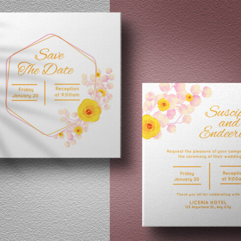 Yellow Floral and Watercolor Leaf Wedding Card - MasterBundles