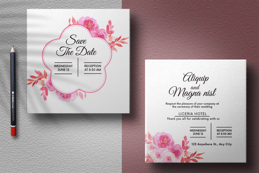 Square Size Florals Wedding Card Design - MasterBundles