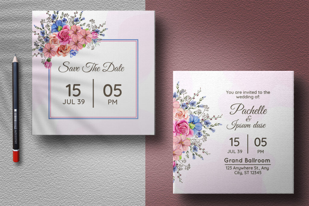 Blue and Pink Floral Wedding Card Design - MasterBundles