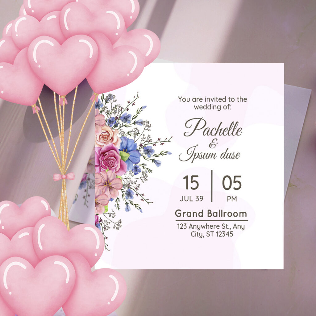 Blue and Pink Floral Wedding Card Design - MasterBundles