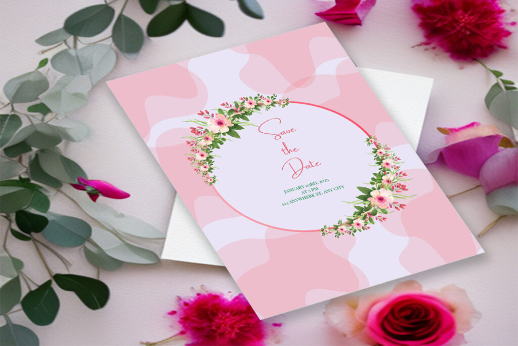 Pink Watercolor Floral Frame Wedding Card - MasterBundles