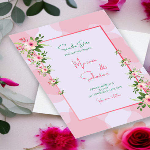 Pink Watercolor Floral Frame Wedding Card - MasterBundles