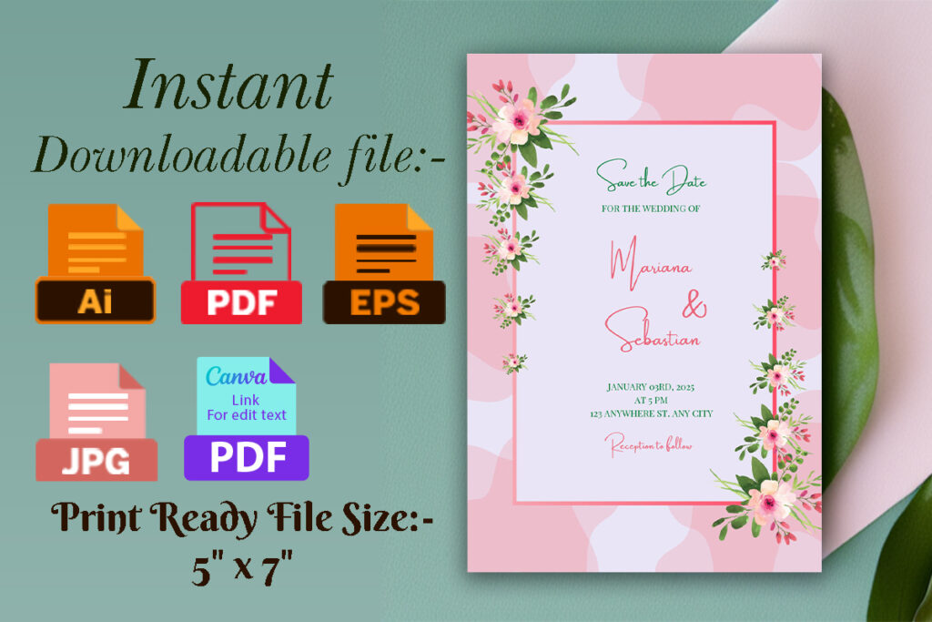 Pink Watercolor Floral Frame Wedding Card - MasterBundles