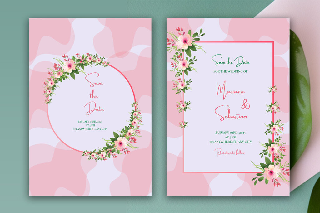 Pink Watercolor Floral Frame Wedding Card - MasterBundles