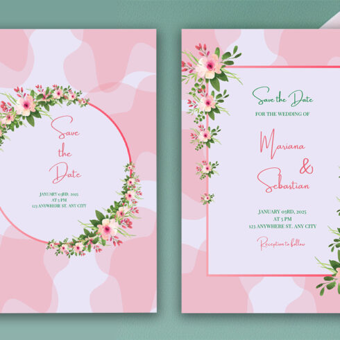 Pink Watercolor Floral Frame Wedding Card - MasterBundles