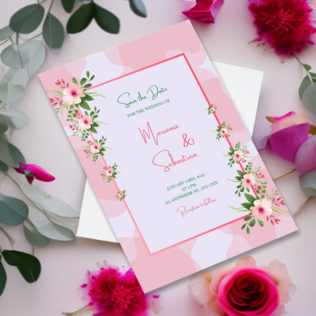 Pink Watercolor Floral Frame Wedding Card - MasterBundles