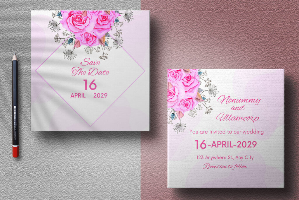 Romantic Pink Floweres Wedding Invitation Card - MasterBundles