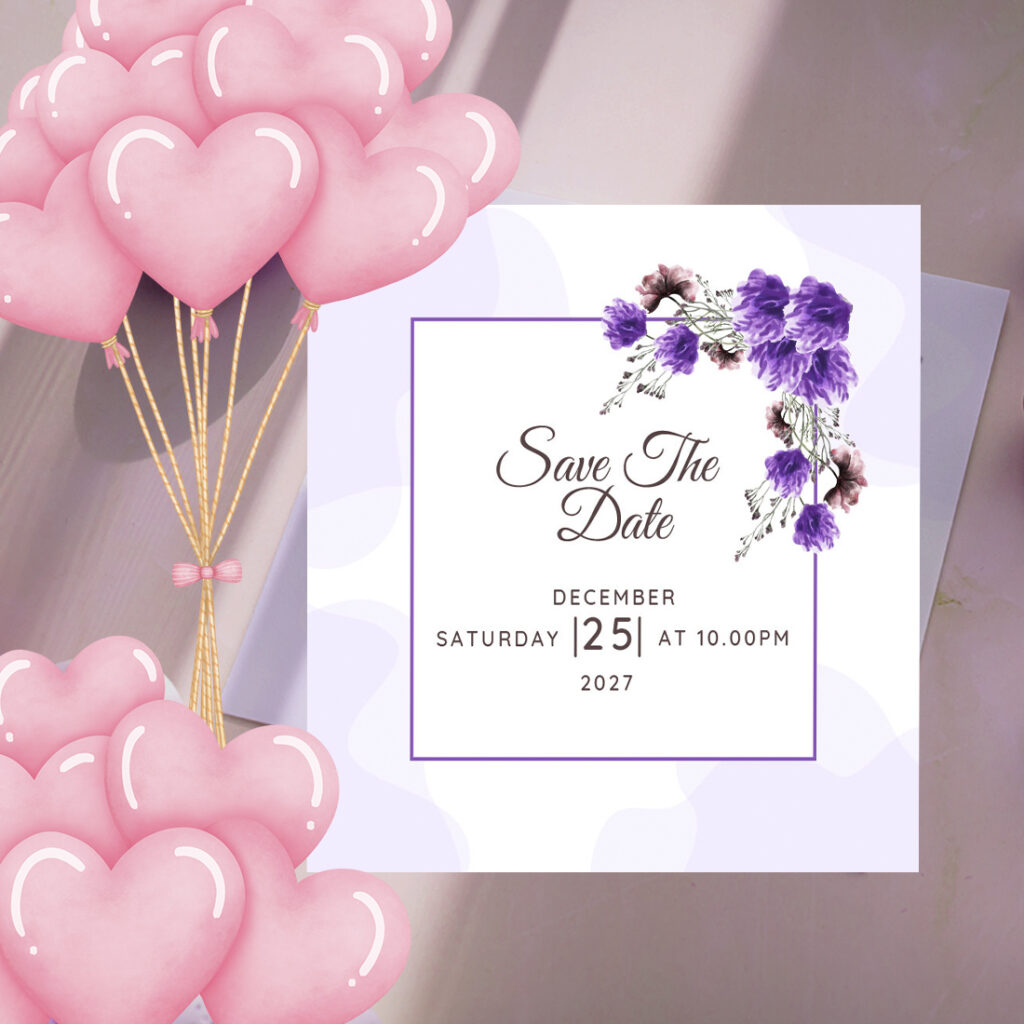 Purple Floral Wedding Invitation Card Design - MasterBundles