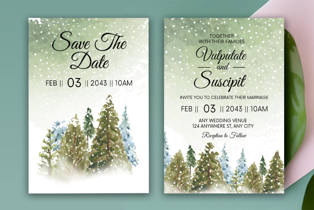 Luxury Winter Wedding Card With Pine Tree - MasterBundles