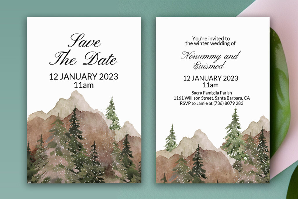 Winter Wedding Card With Mountains Tree - MasterBundles