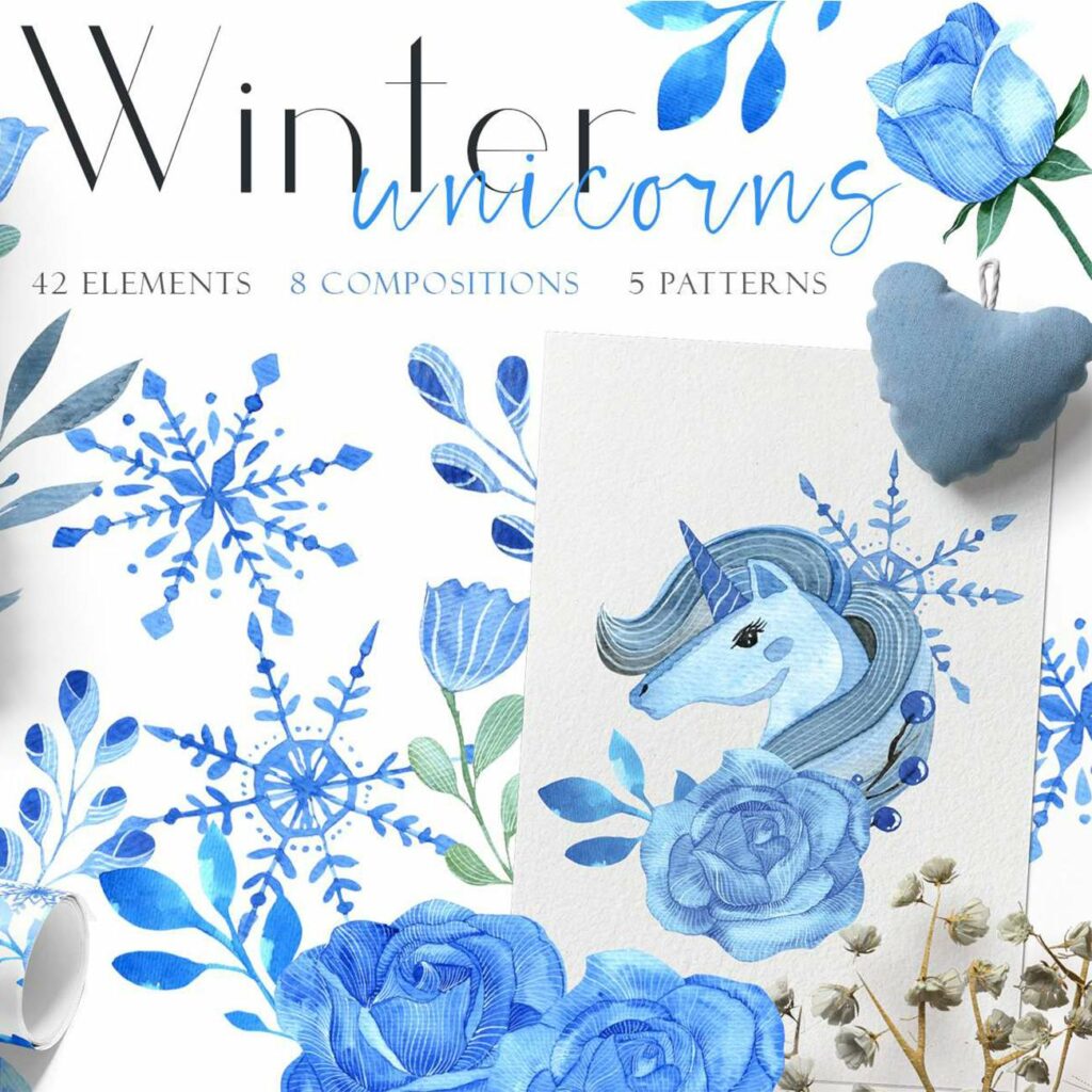 60+ Winter Unicorn Clipart and Pattern Pack - MasterBundles