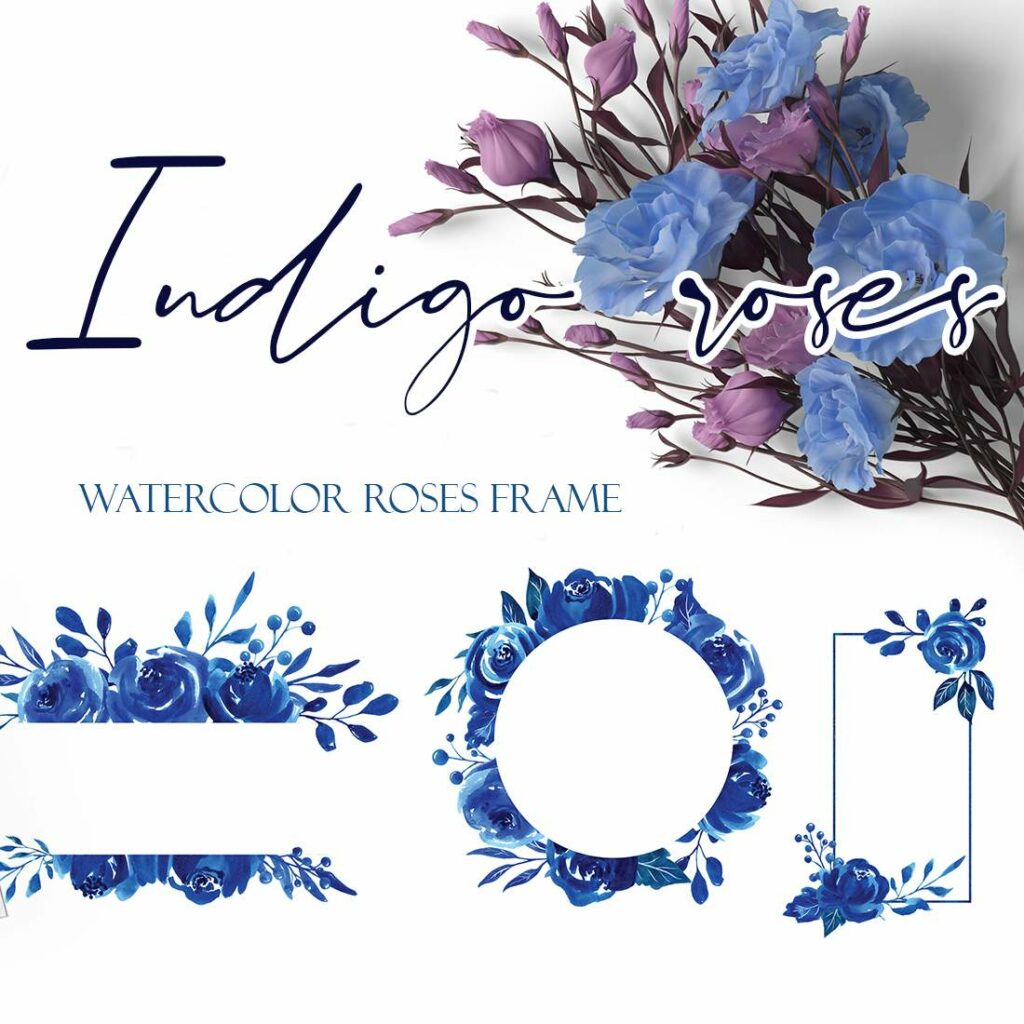 Indigo blue roses premade floral frames - MasterBundles