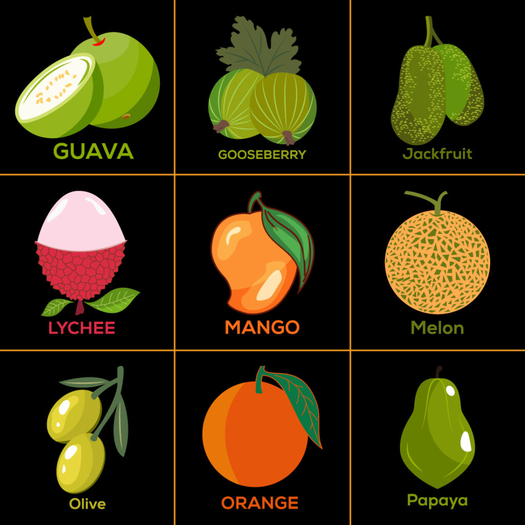 Set of fruits. Different colorful fruits. Fresh food, healthy eating ...