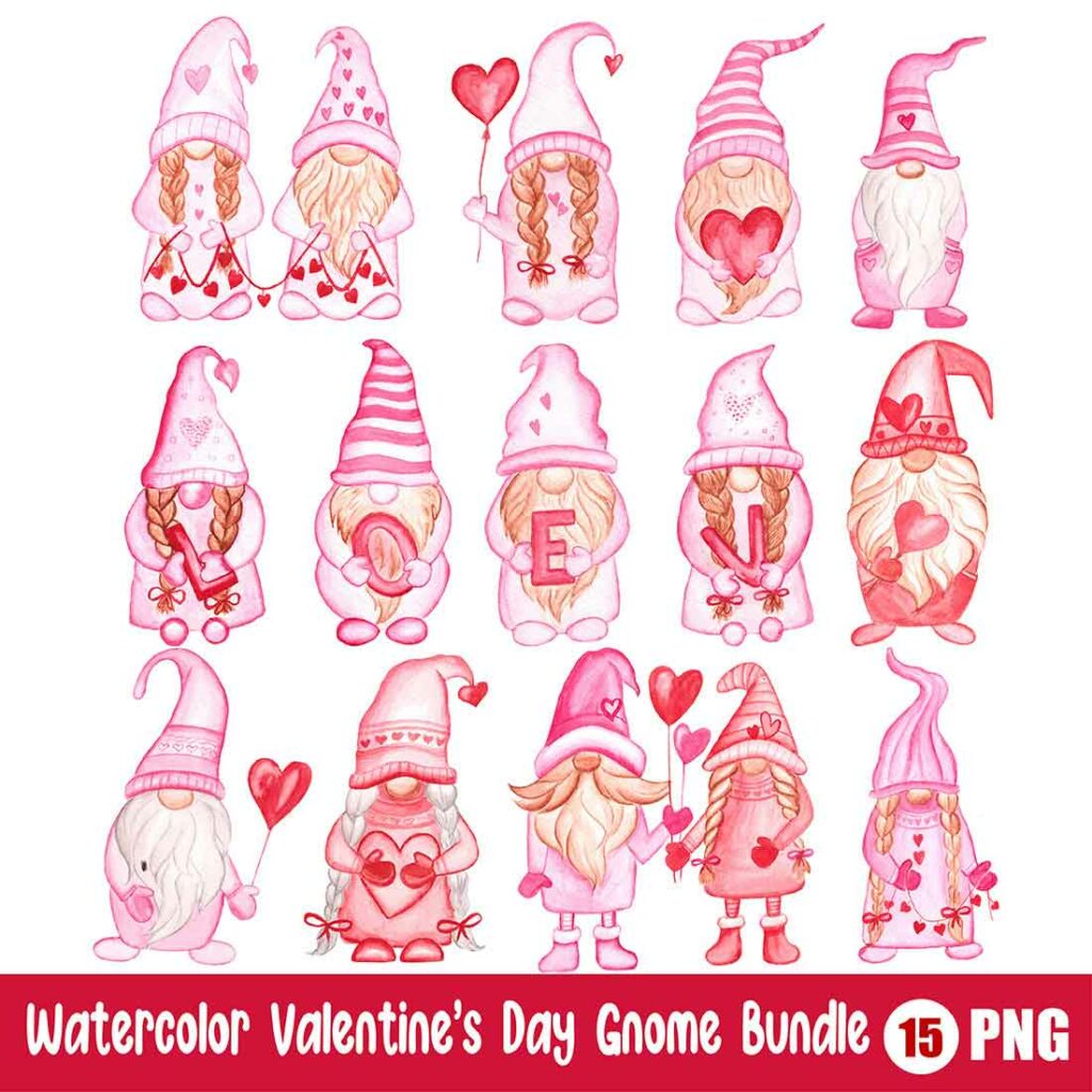 Watercolor Valentines Day Gnome Bundle - MasterBundles