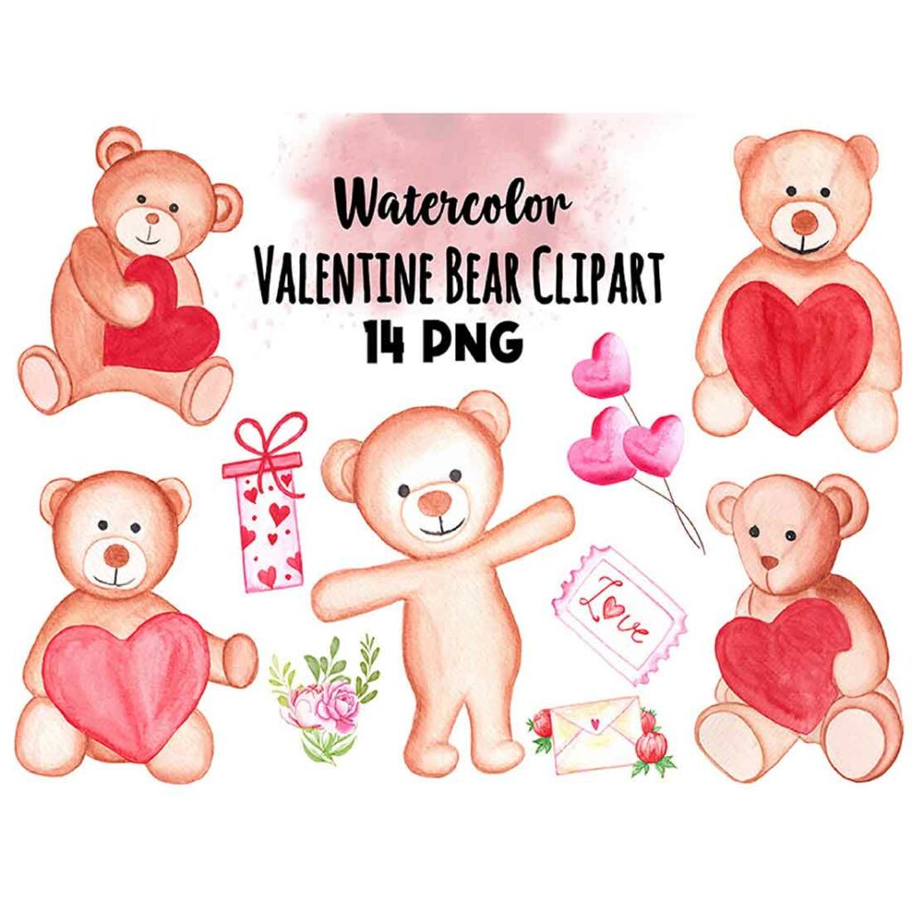 Watercolor Valentine Bear Clipart Set - MasterBundles