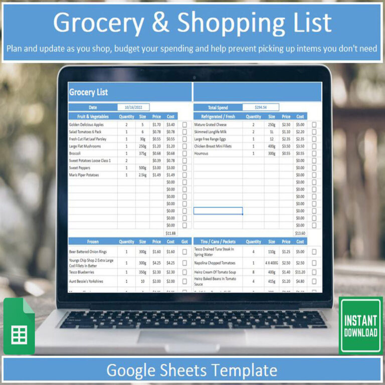 Editable Grocery List Template for Google Sheets - MasterBundles