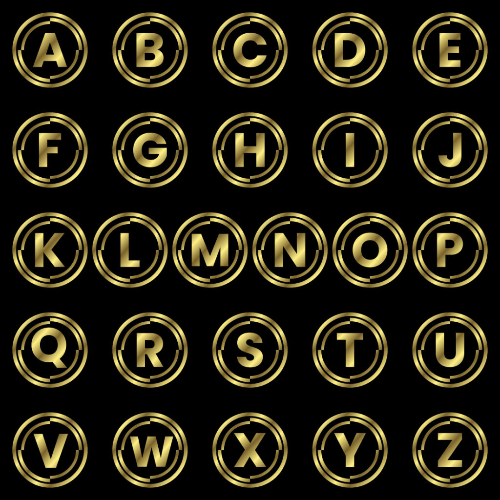 Letter with a circle frame. Golden color alphabet symbol for corporate ...