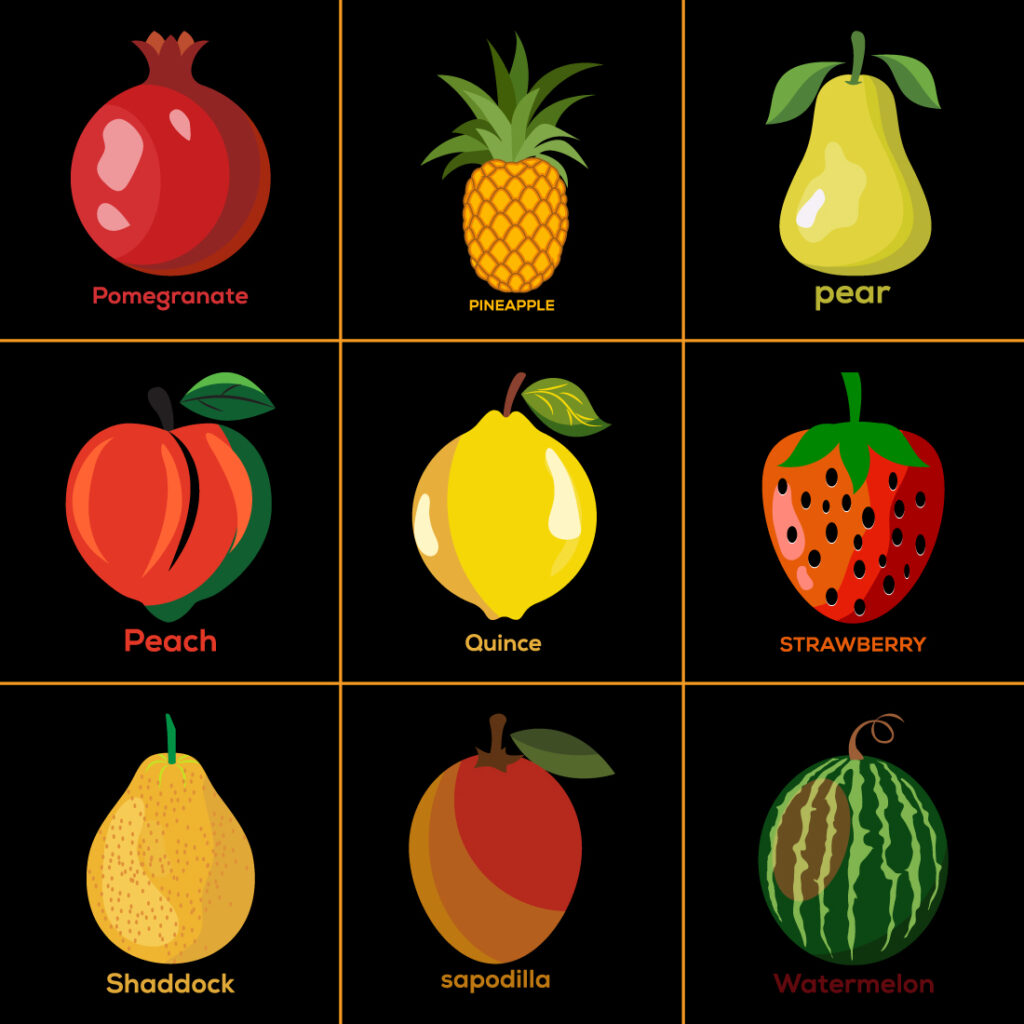 Set of fruits. Different colorful fruits. Fresh food, healthy eating ...