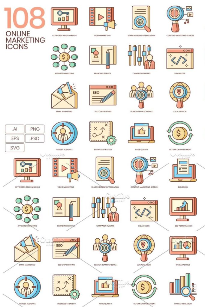 108 Fresh Online Marketing Icons – MasterBundles
