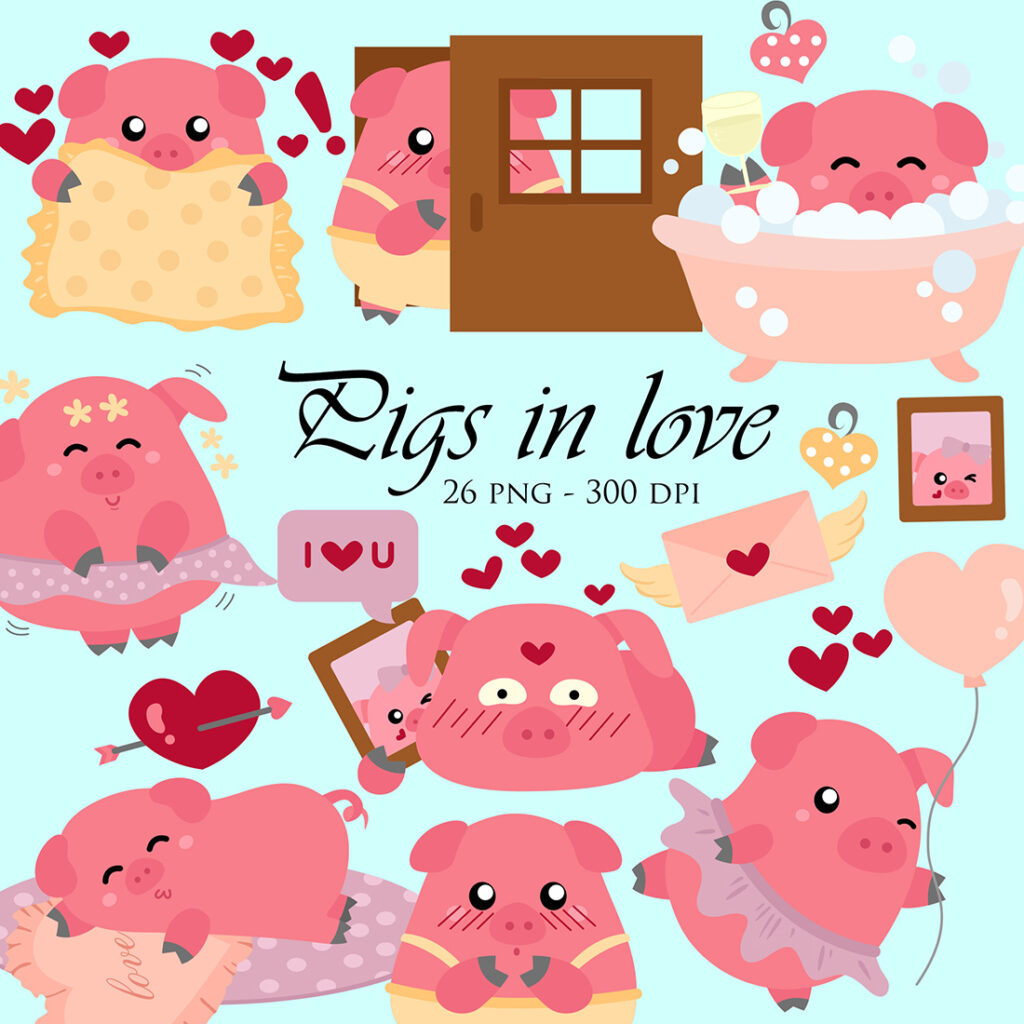 Pig in Love Vector Clipart Illustrations - MasterBundles