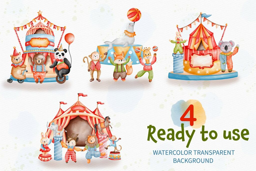 Watercolor Circus Clipart, Animals – MasterBundles