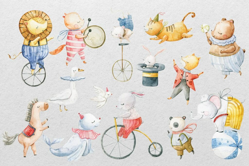 Watercolor Circus Clipart, Animals – MasterBundles