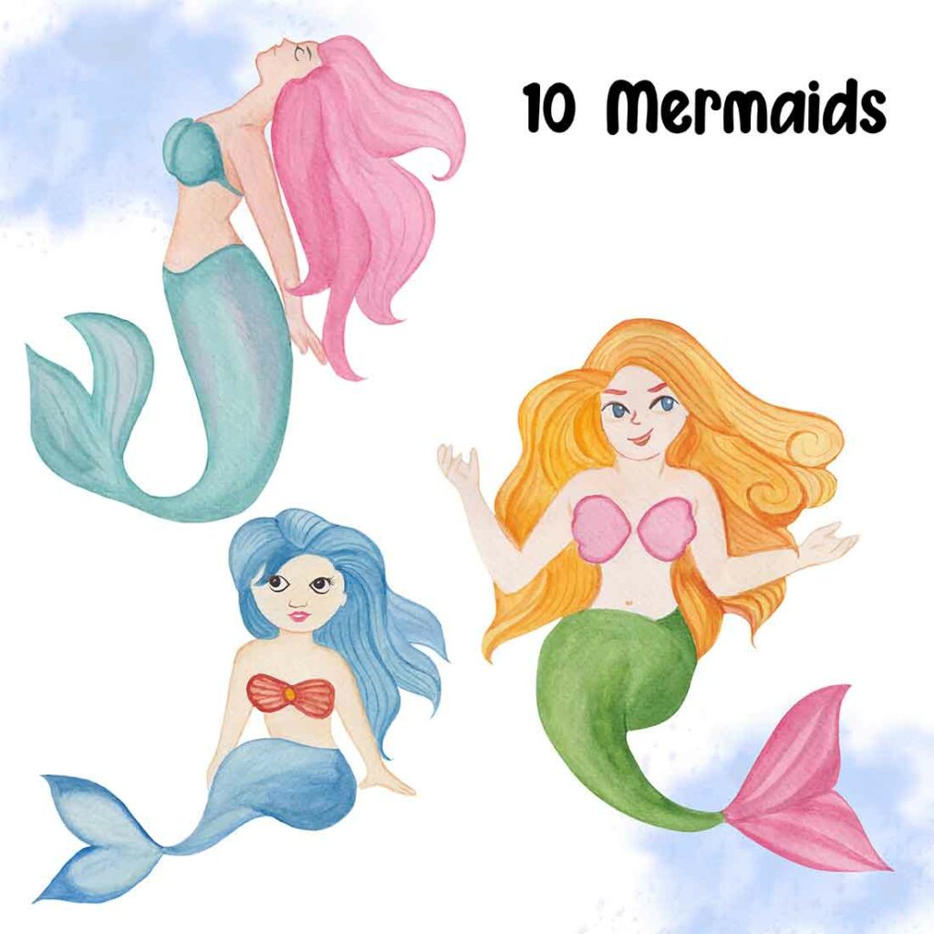 Watercolor Mermaid Clipart Set - MasterBundles
