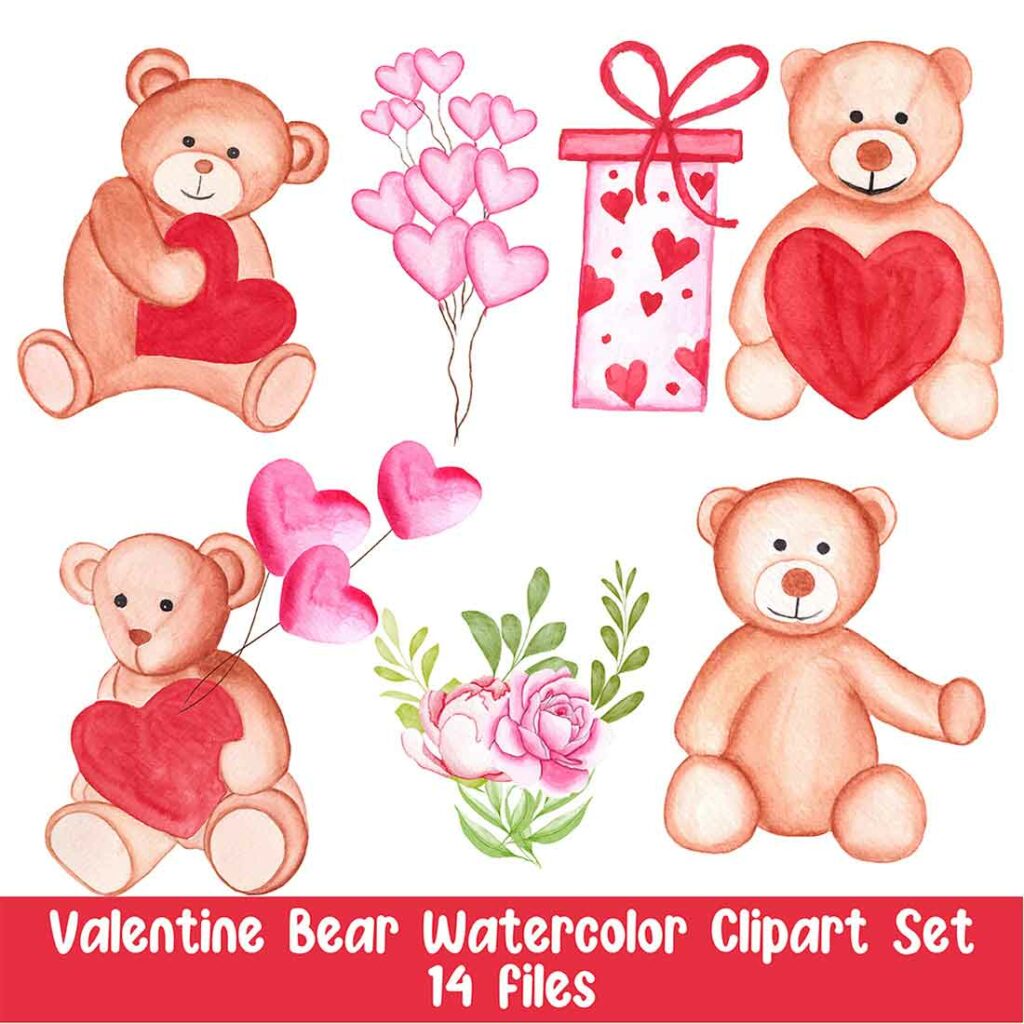 Watercolor Valentine Bear Clipart Set - MasterBundles