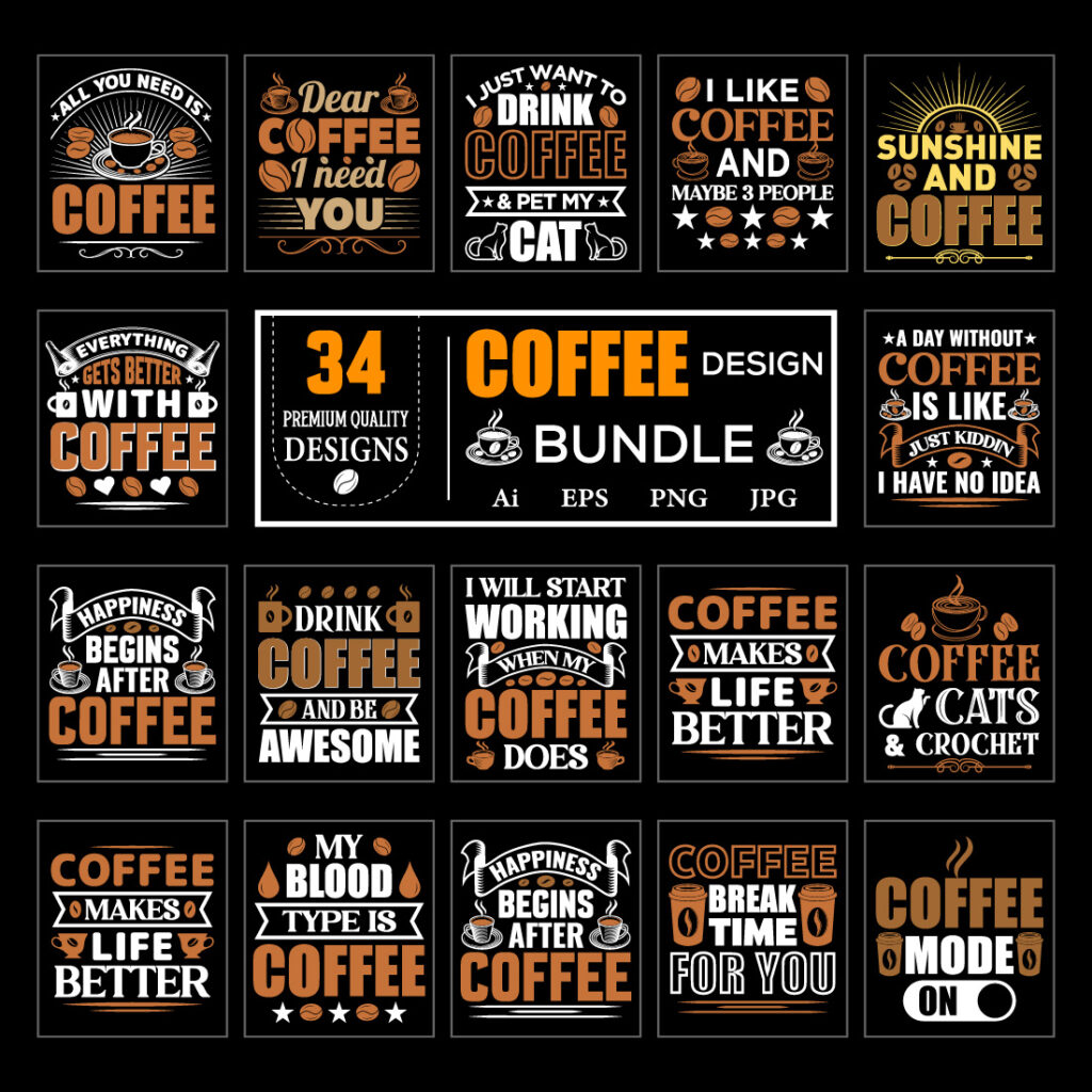 34 Coffee Typography vector T-shirt Design Bundle | MasterBundles