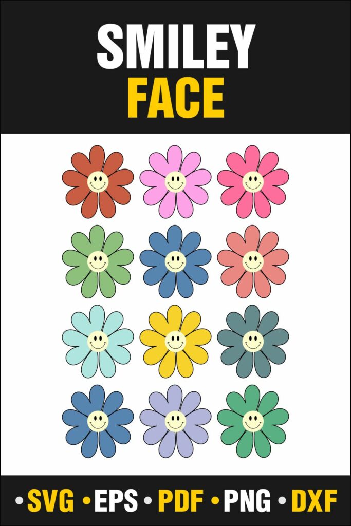 Retro Smiley Face Flowers SVG, PDF, PNG, DXF, EPS - Only $3 | MasterBundles
