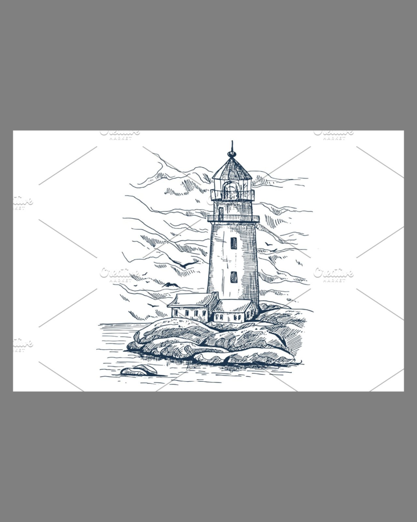 Beacon Or Harbor Lighthouse Sketch On Island – MasterBundles