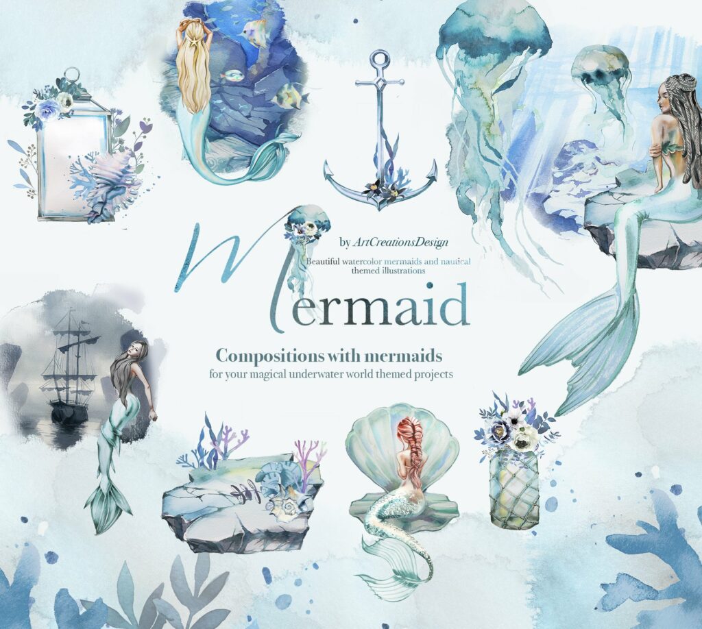 Watercolor Mermaid Clipart Set – MasterBundles